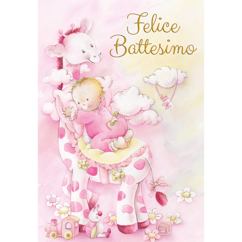 Biglietto felice battesimo giraffa bimba